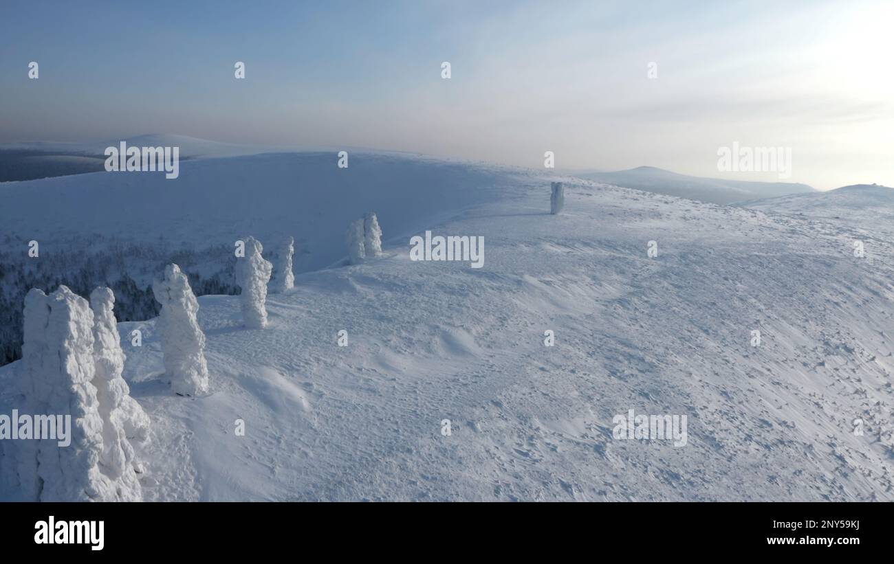 Landscape in sub-zero temperatures from above. Clip.Snowy empty ...