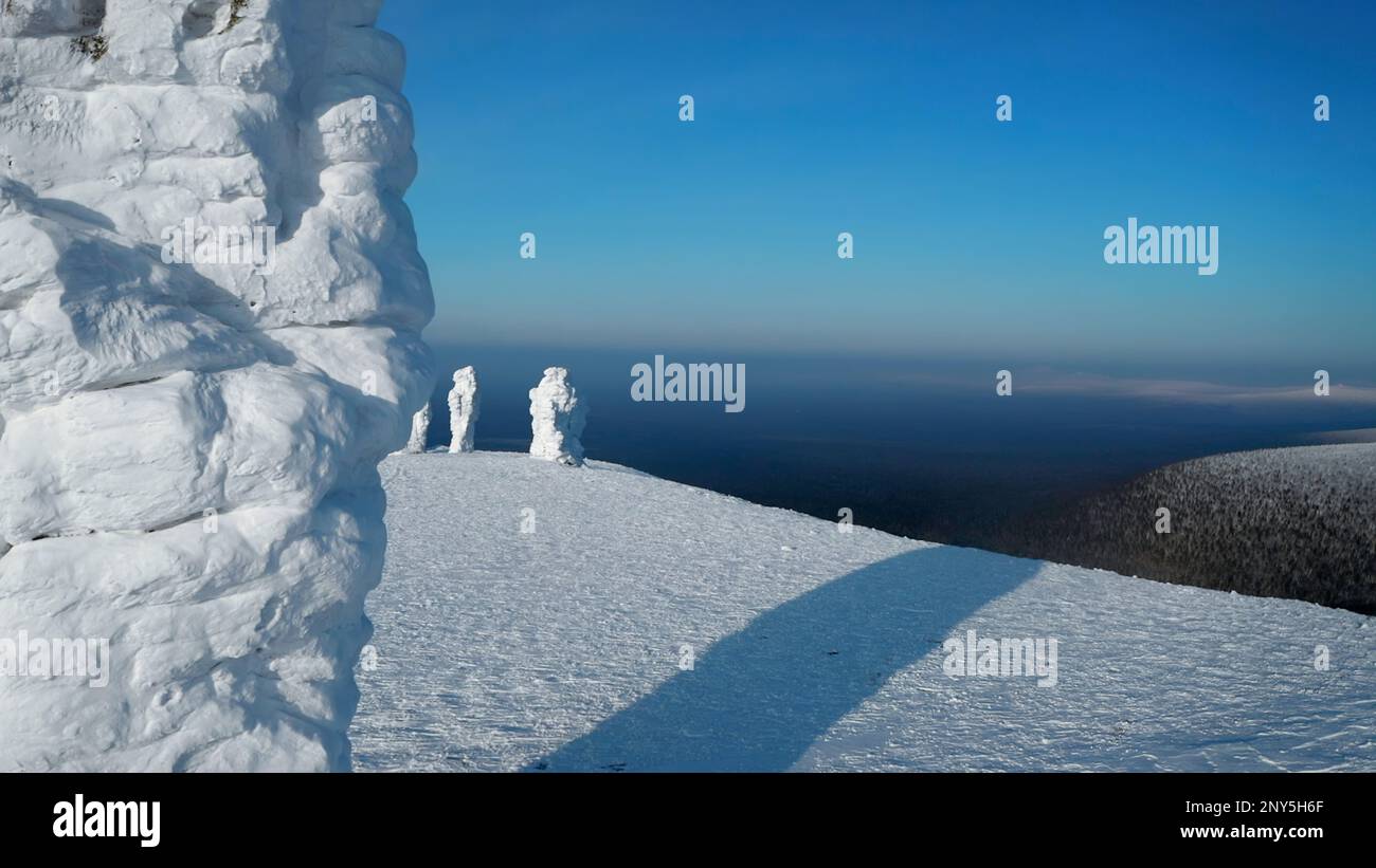 Snowy frozen hills. Clip.Snowy landscape on a hill with frozen ice ...