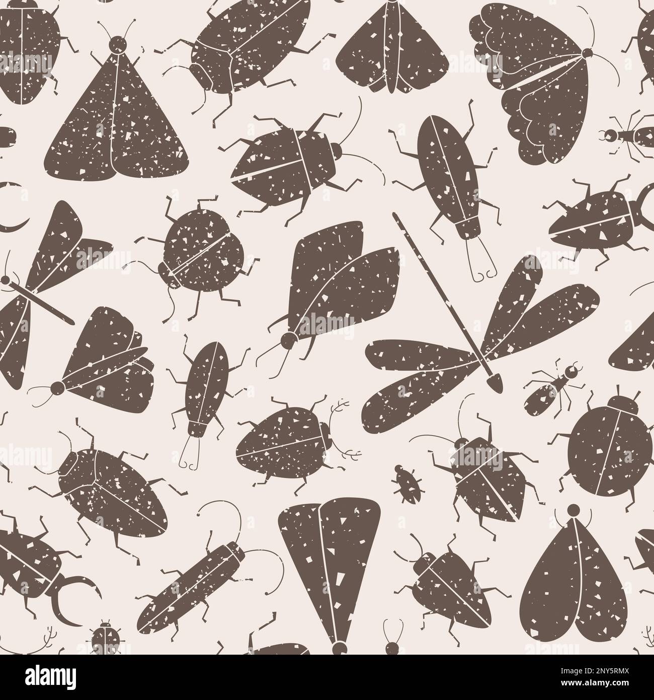 Grunge vector seamless pattern with vintage insects silhouette. Moth ...
