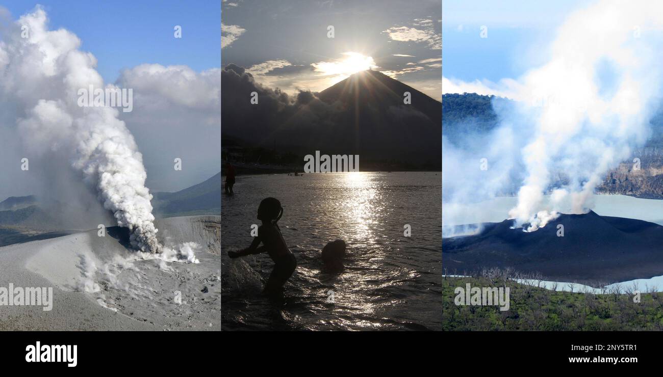 In this combination of photos, from left to right: Shinmoedake volcano ...