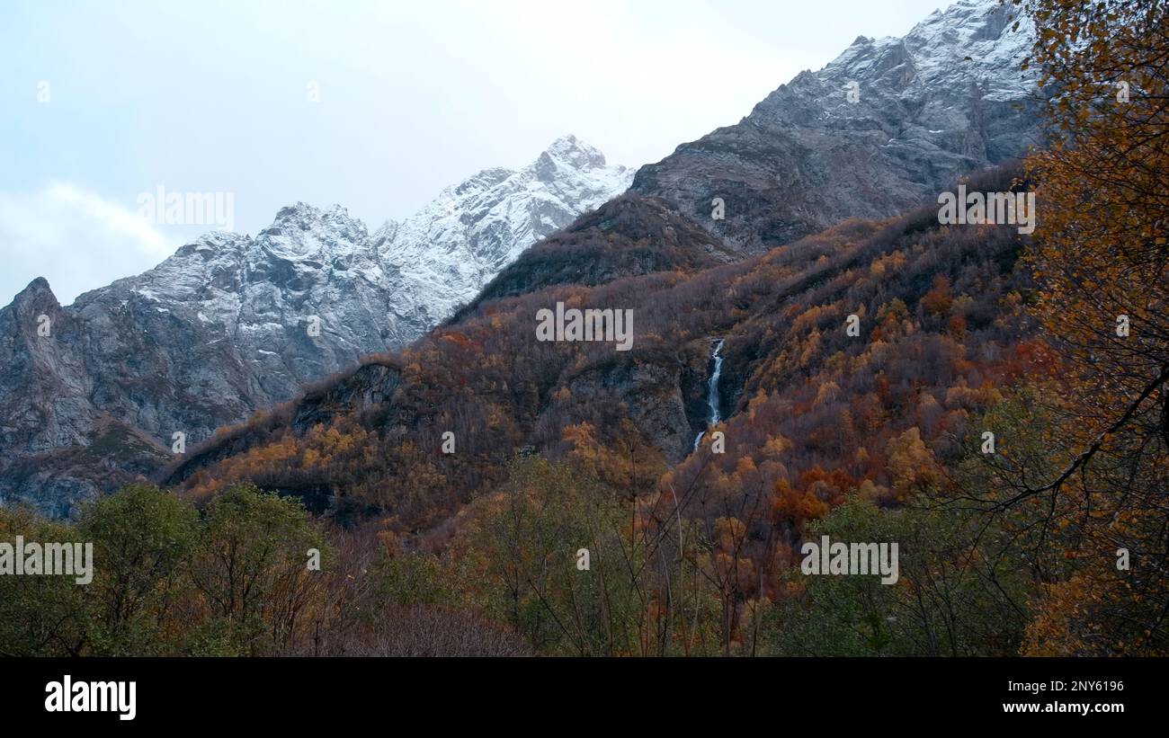 View of the mountainous area. Action. Mountain ranges with forests and ...
