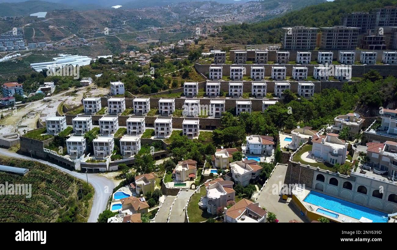 Top view of tourist town with hotels and swimming pools. Clip. Resort ...