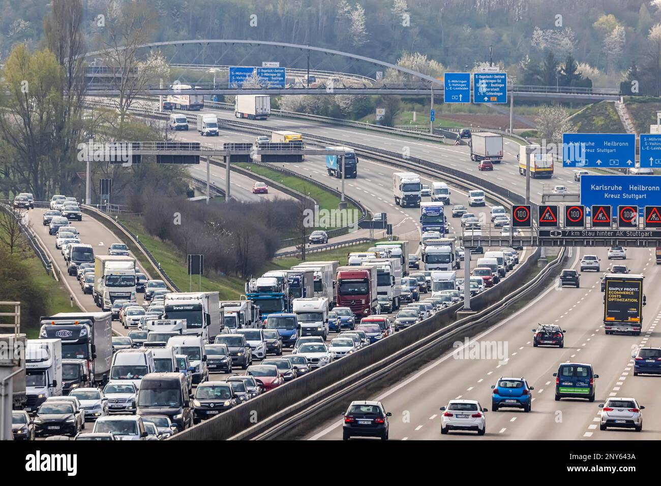Heavy traffic with congestion on the multi-lane motorway A8 near ...