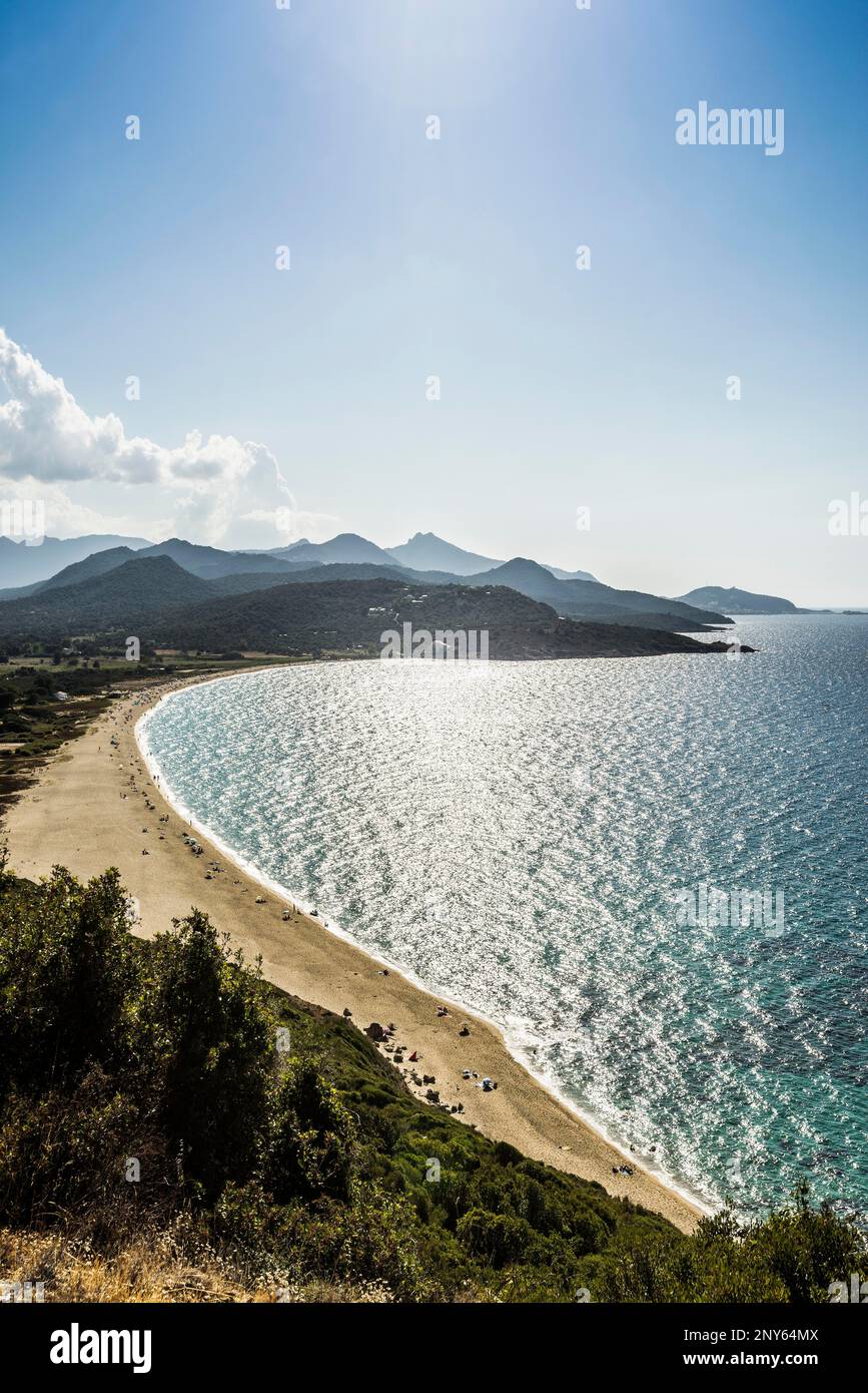 Sandy beach beach and mountains, Plage de Lozari, near LIle-Rousse ...