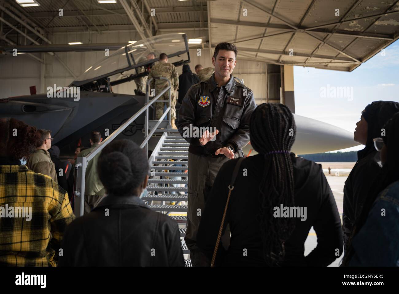 Maj. Ryan Fishel, 336th Fighter Squadron pilot, briefs Goldsboro High ...