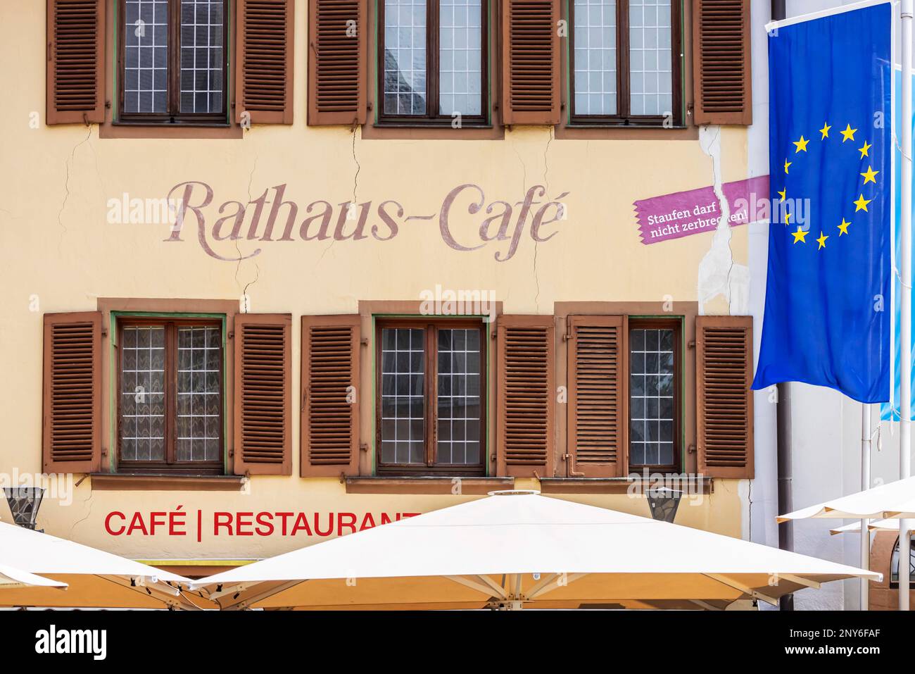 Town hall cafe in Staufen im Breisgau, Germany, geothermal drilling led ...