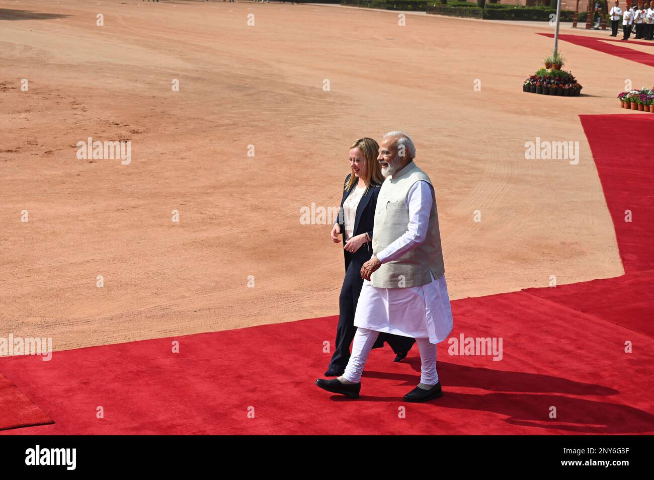 Italian Premier Giorgia Meloni, left, is received by Indian Prime ...