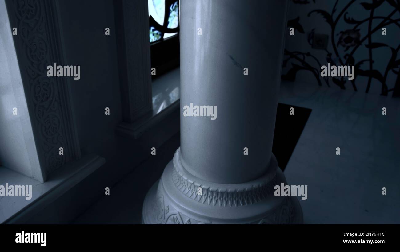 A light white building with dim lighting. Scene. Huge white decorated ...