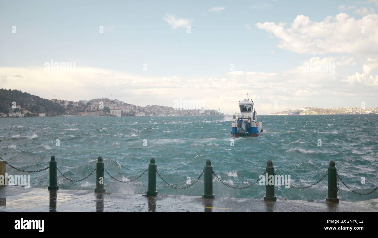 Raging sea. Action. View of the seascape,sailing ship and blue sky ...