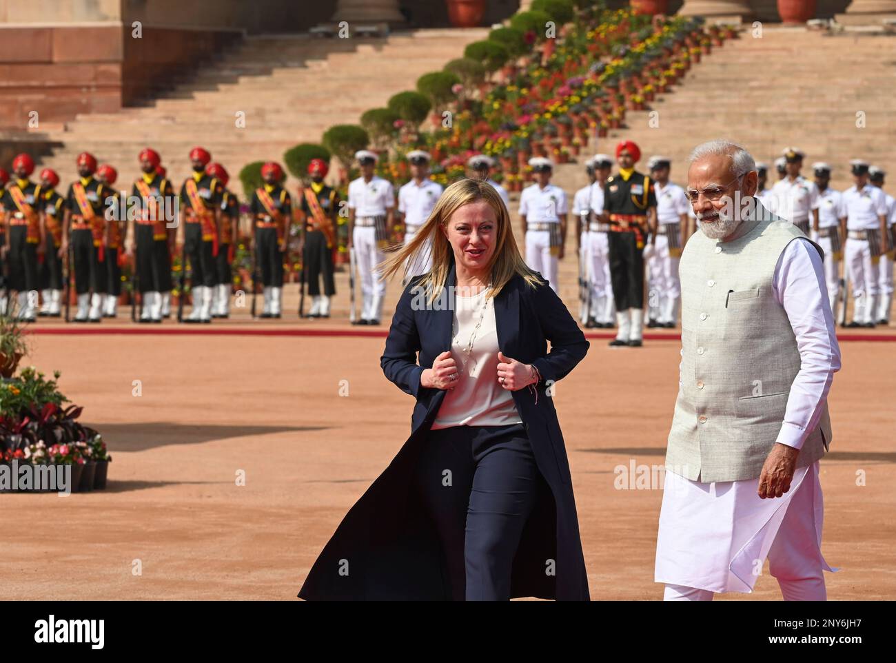 Italian Premier Giorgia Meloni, left, is received by Indian Prime ...