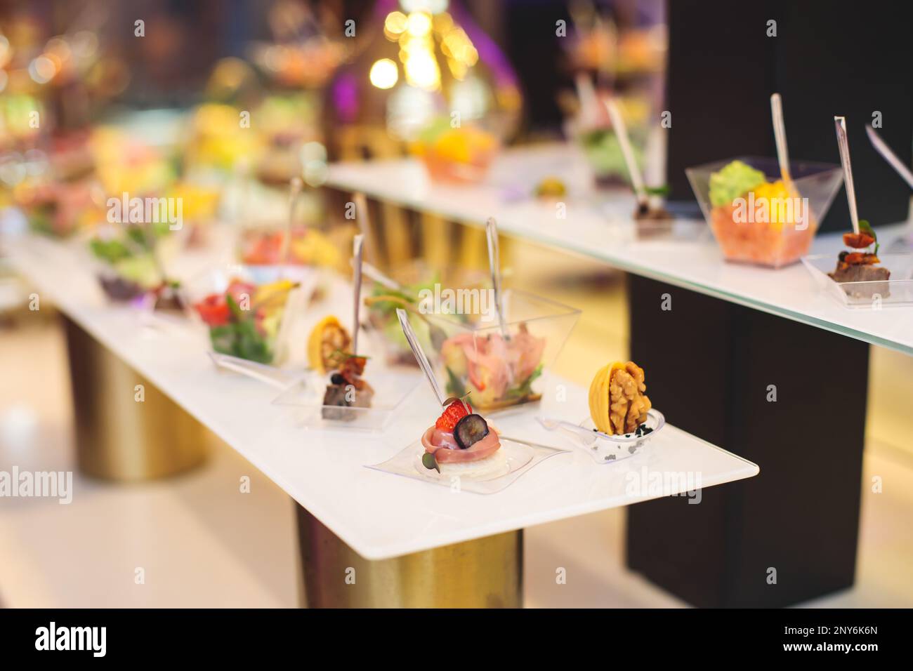 Beautifully decorated banquet catering table with variety of different ...