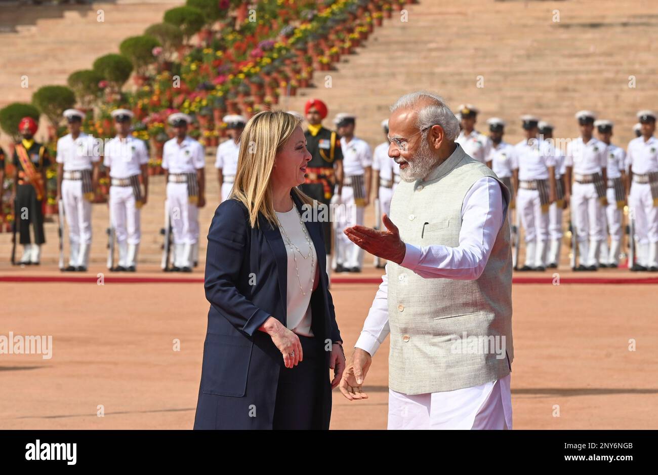 Italian Premier Giorgia Meloni, left, is received by Indian Prime Minister Narendra Modi, as she ...