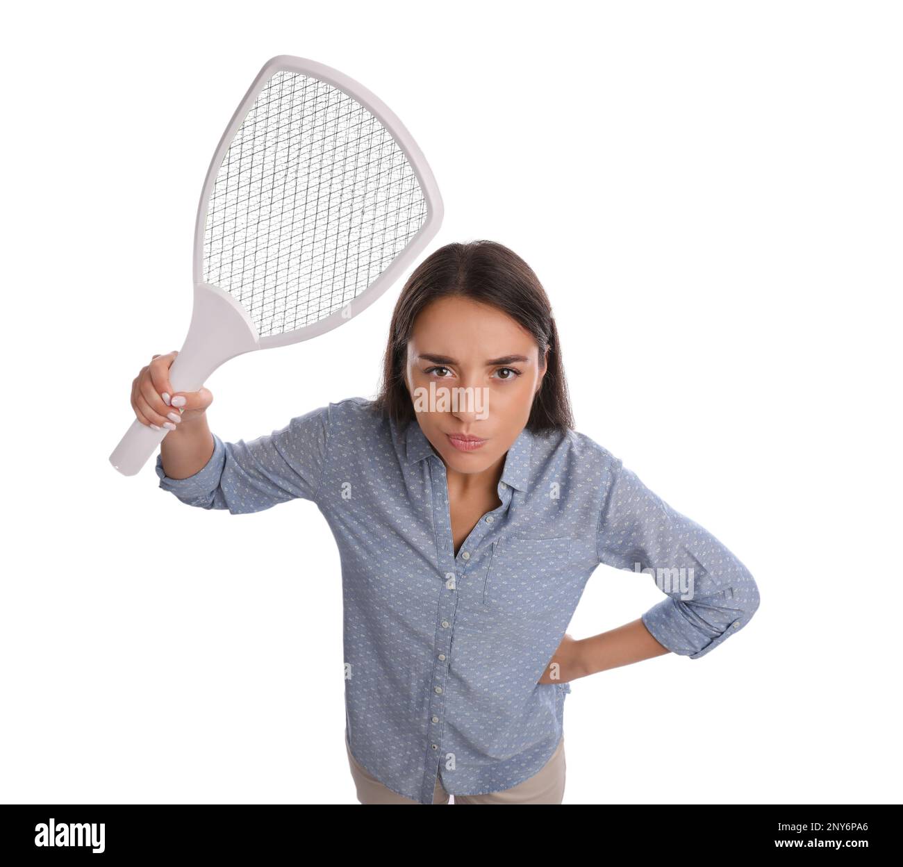 Young woman with electric fly swatter on white background. Insect ...