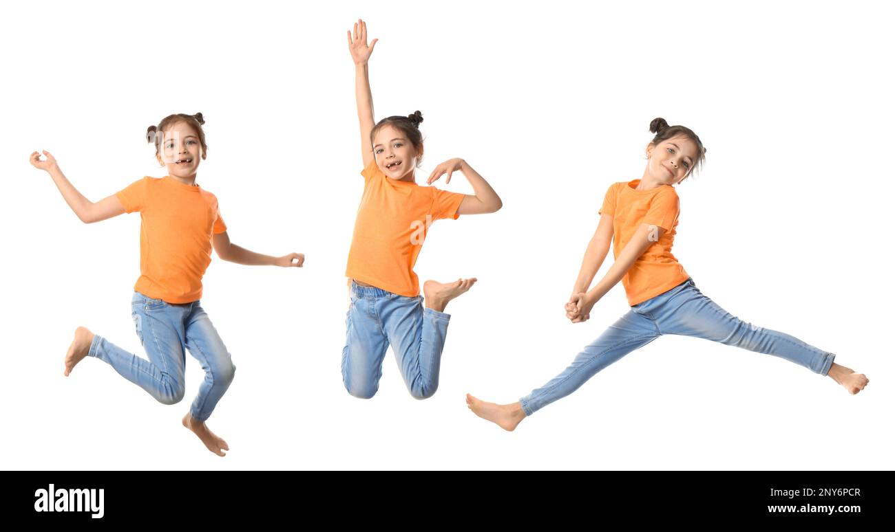 Cute little girl jumping on white background, collage. Banner design ...