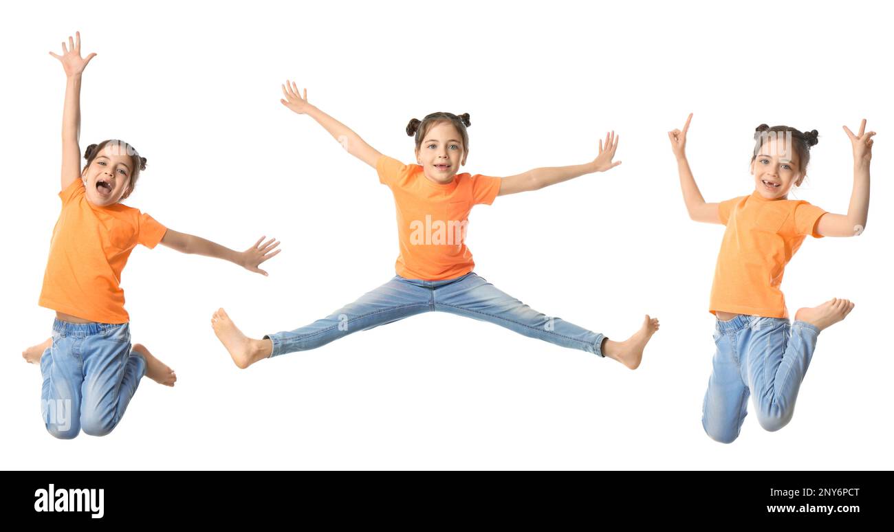 Cute little girl jumping on white background, collage. Banner design ...