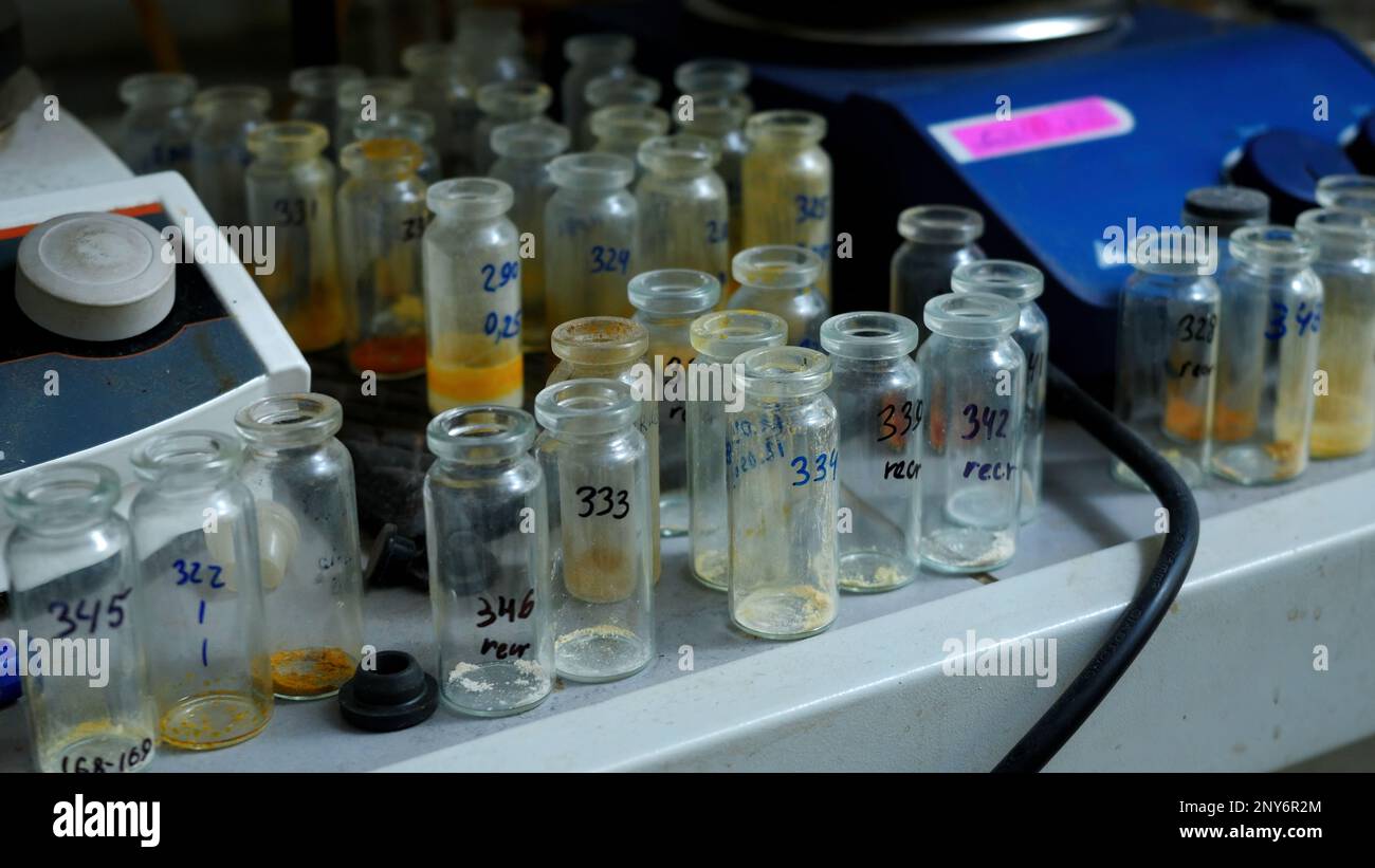 Chemical test tubes in the laboratory. Stock footage.Small jars with ... Chemical test tubes in the laboratory. Stock footage.Small jars with ...