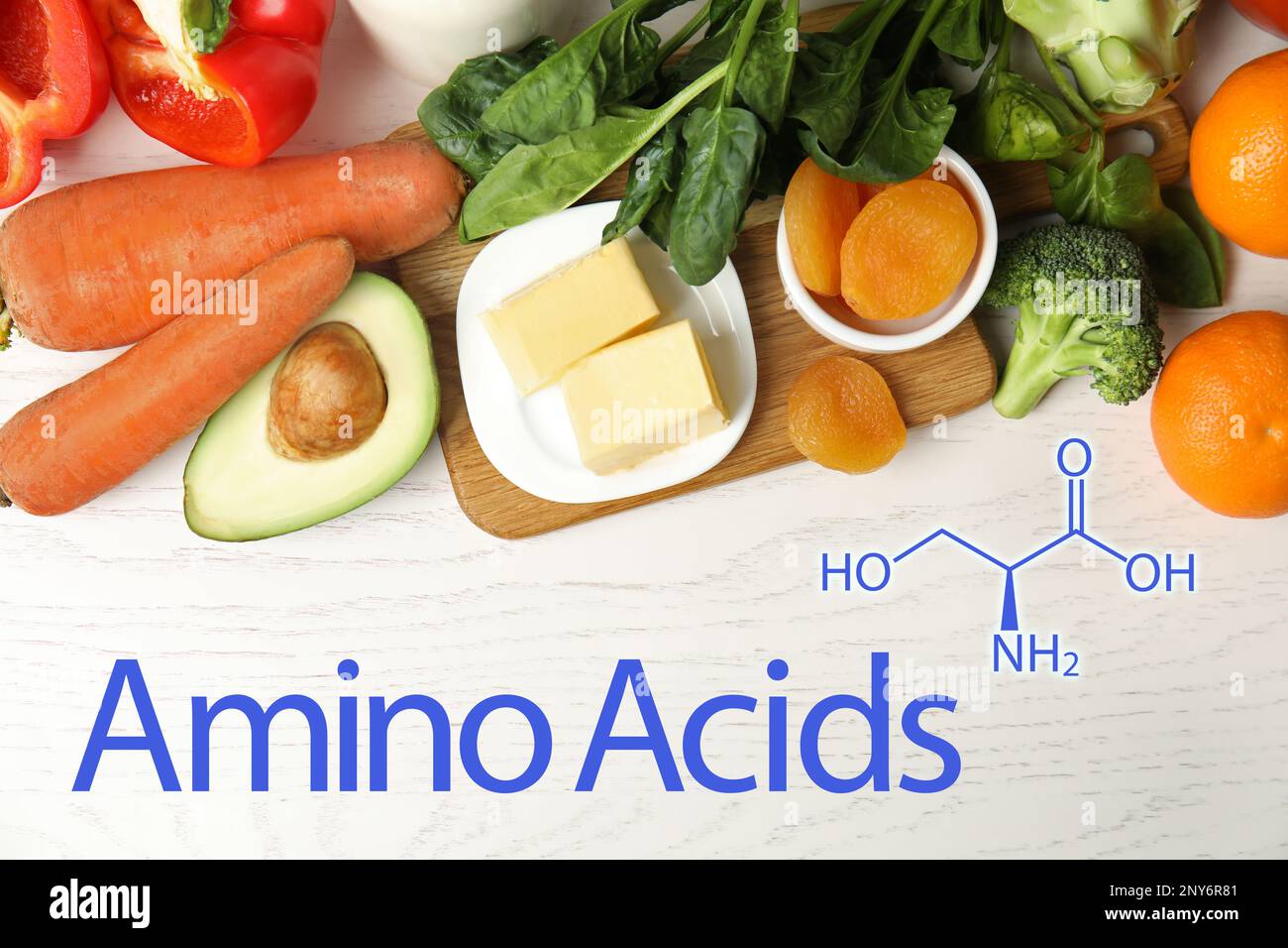 Different natural food on white wooden table, flat lay. Sources of ...