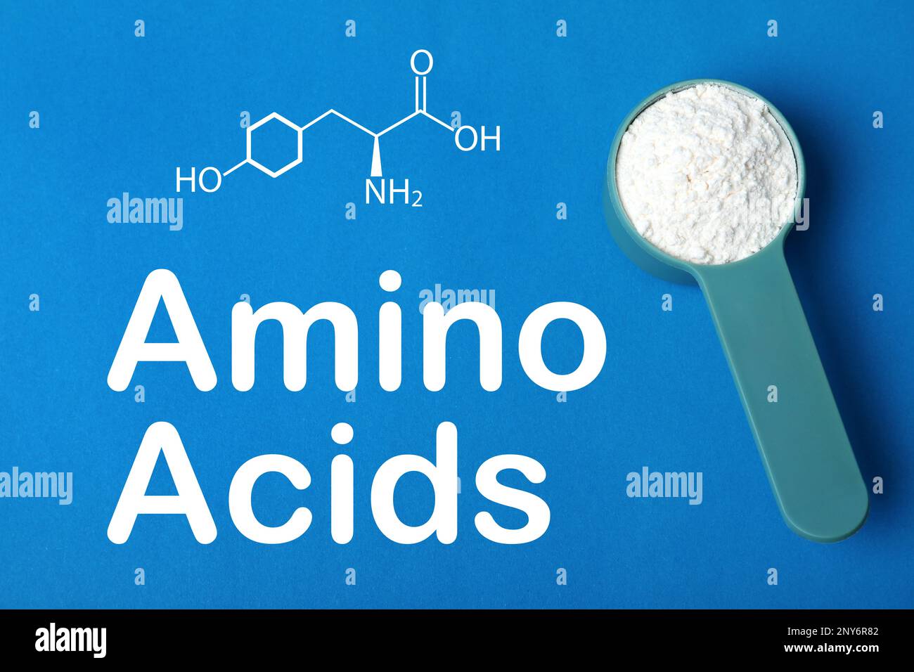 Measuring scoop of amino acids powder on blue background, top view ...