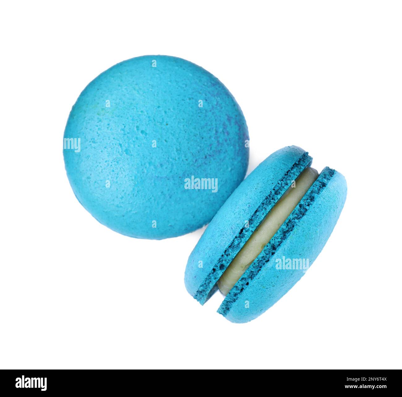 Delicious light blue macarons on white background, top view Stock Photo ...