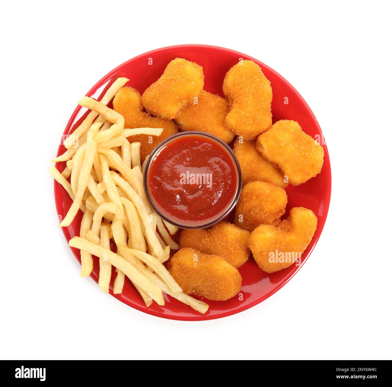 Tasty chicken nuggets and French fries with ketchup on white background ...