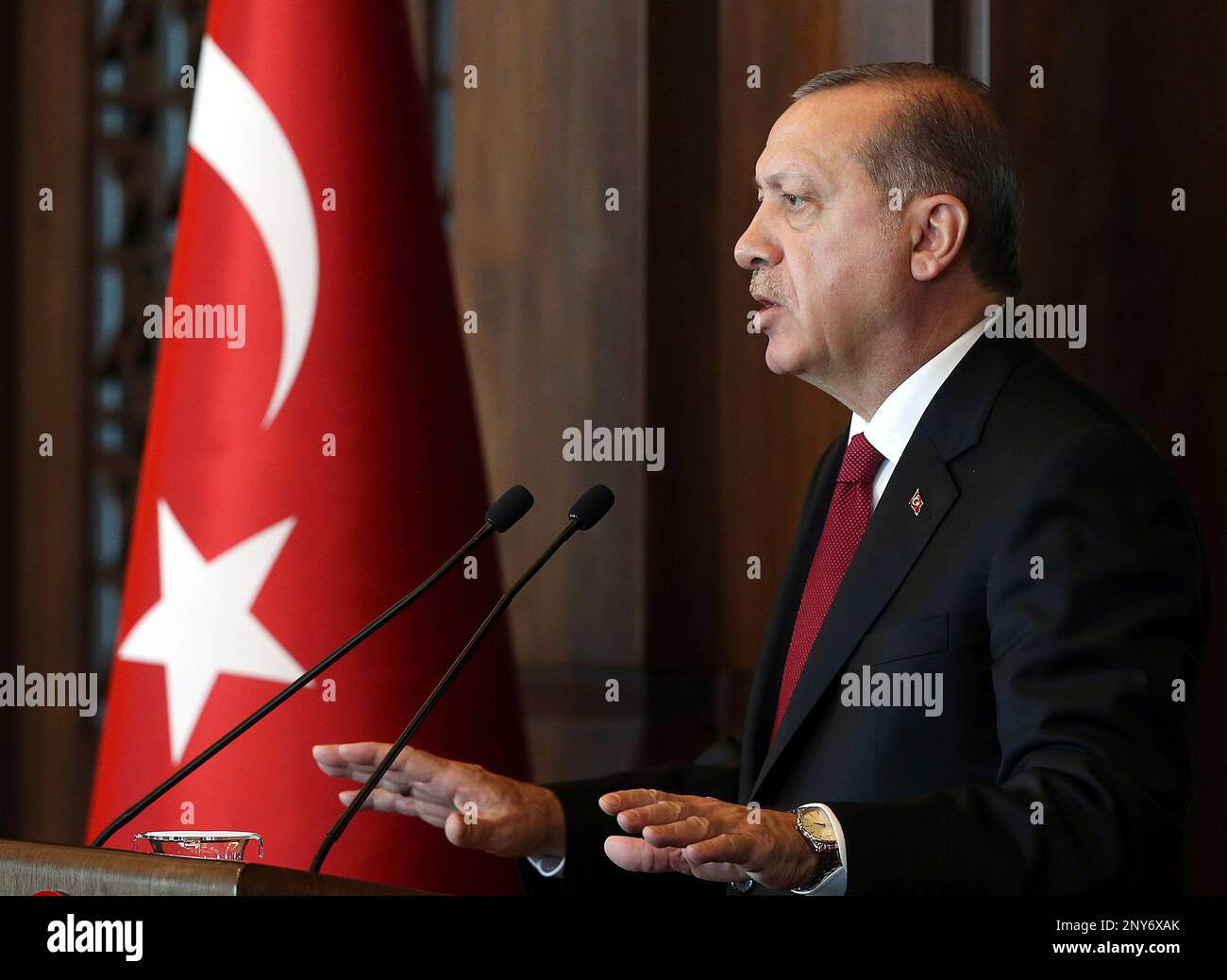 Turkey's President Recep Tayyip Erdogan, delivers a speech during a ...