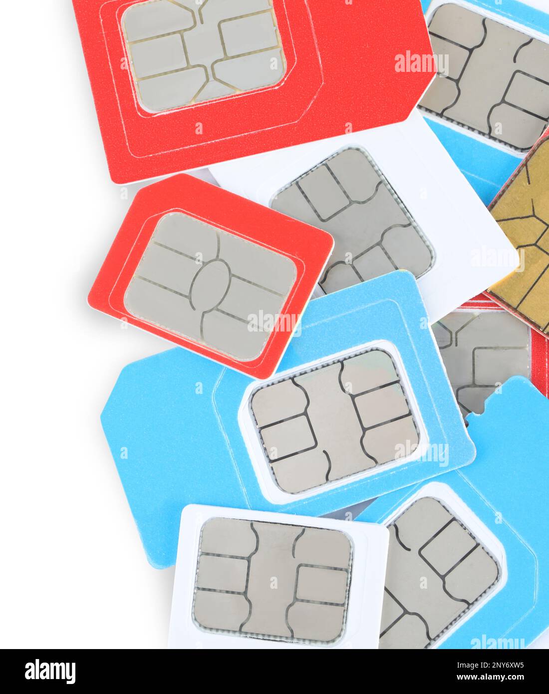 Pile of different SIM cards on white background, top view Stock Photo ...