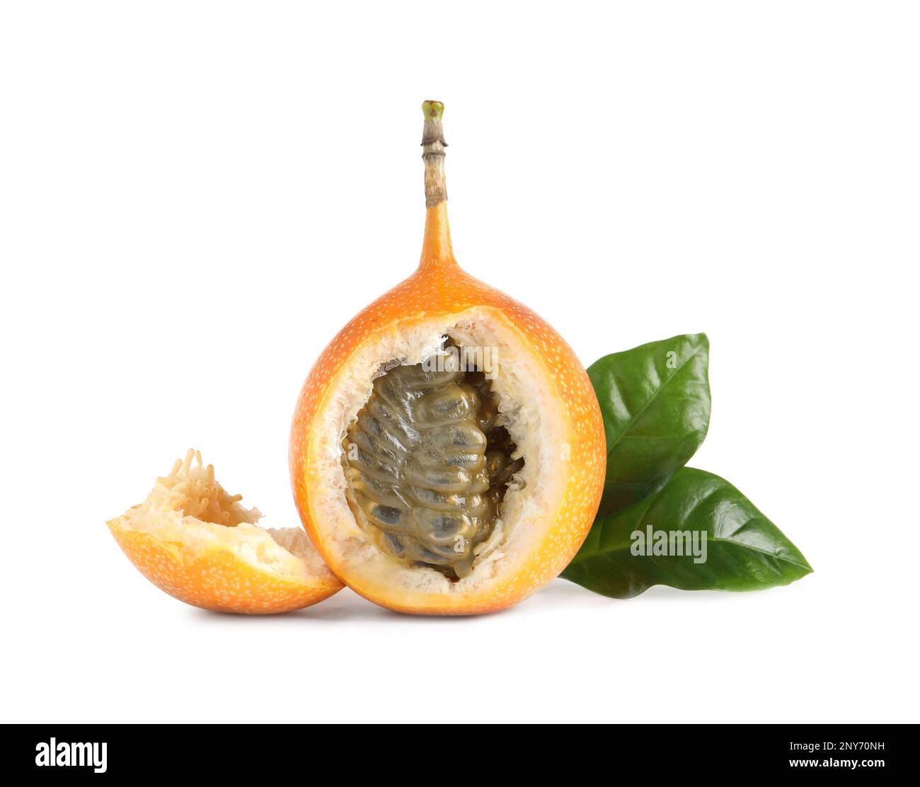 Cut delicious granadilla with leaves isolated on white Stock Photo - Alamy