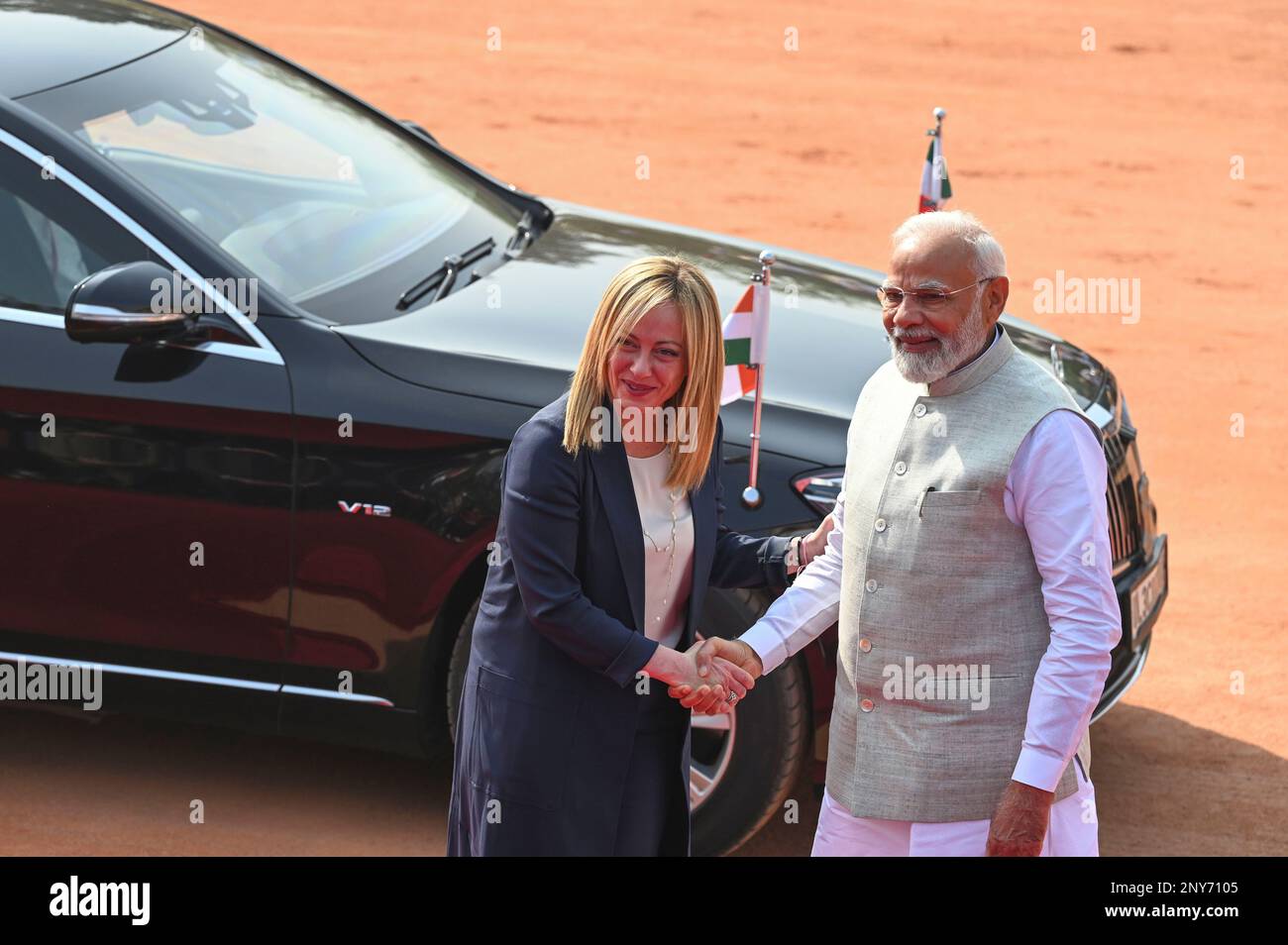 Italian Premier Giorgia Meloni, left, is received by Indian Prime ...