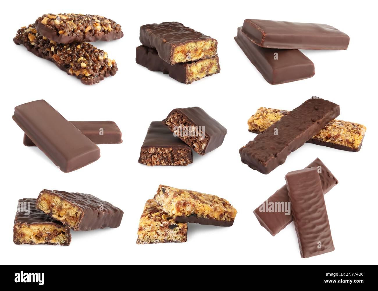 Set with different delicious protein bars on white background Stock ...