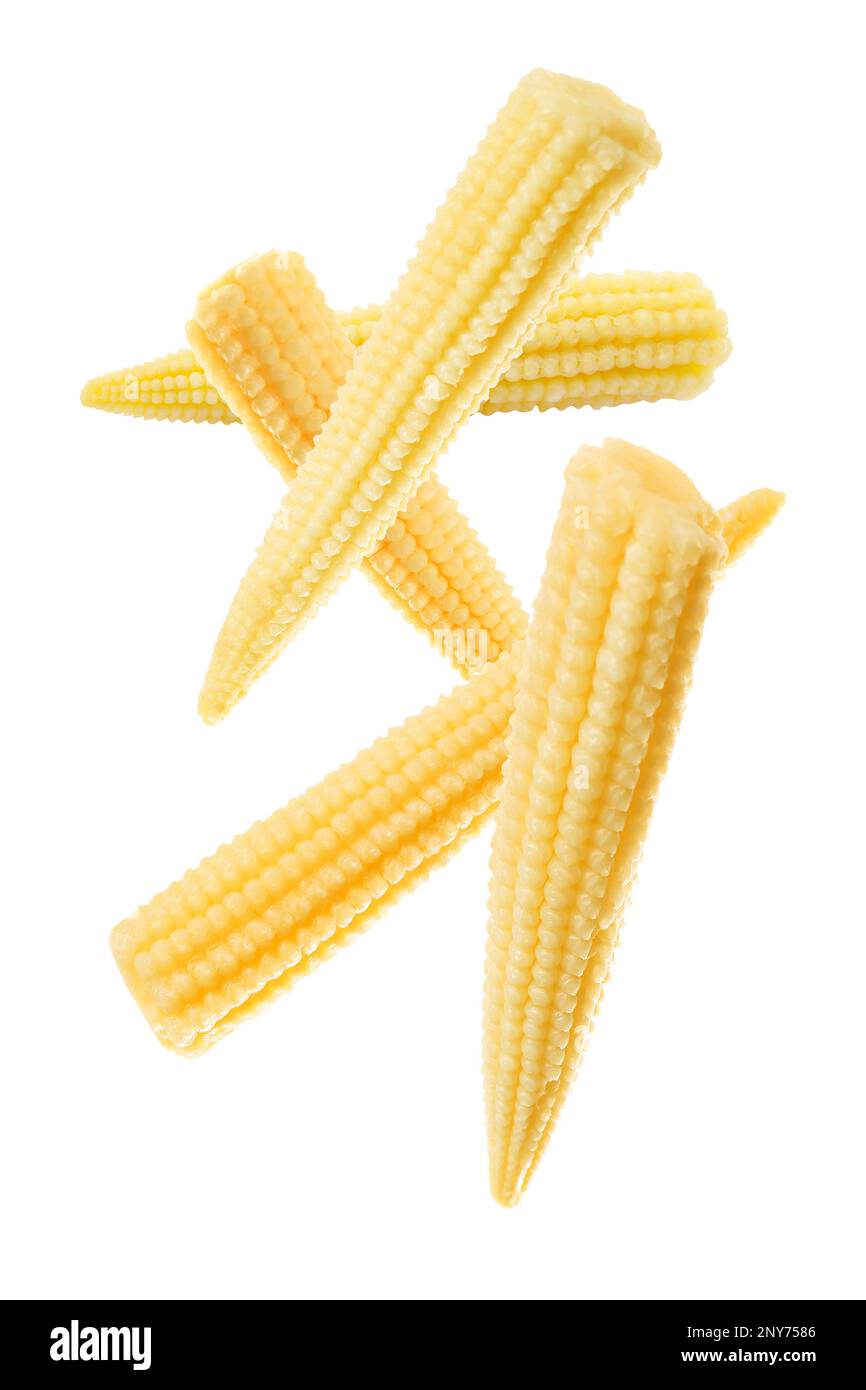 Tasty baby corn cobs flying on white background Stock Photo - Alamy
