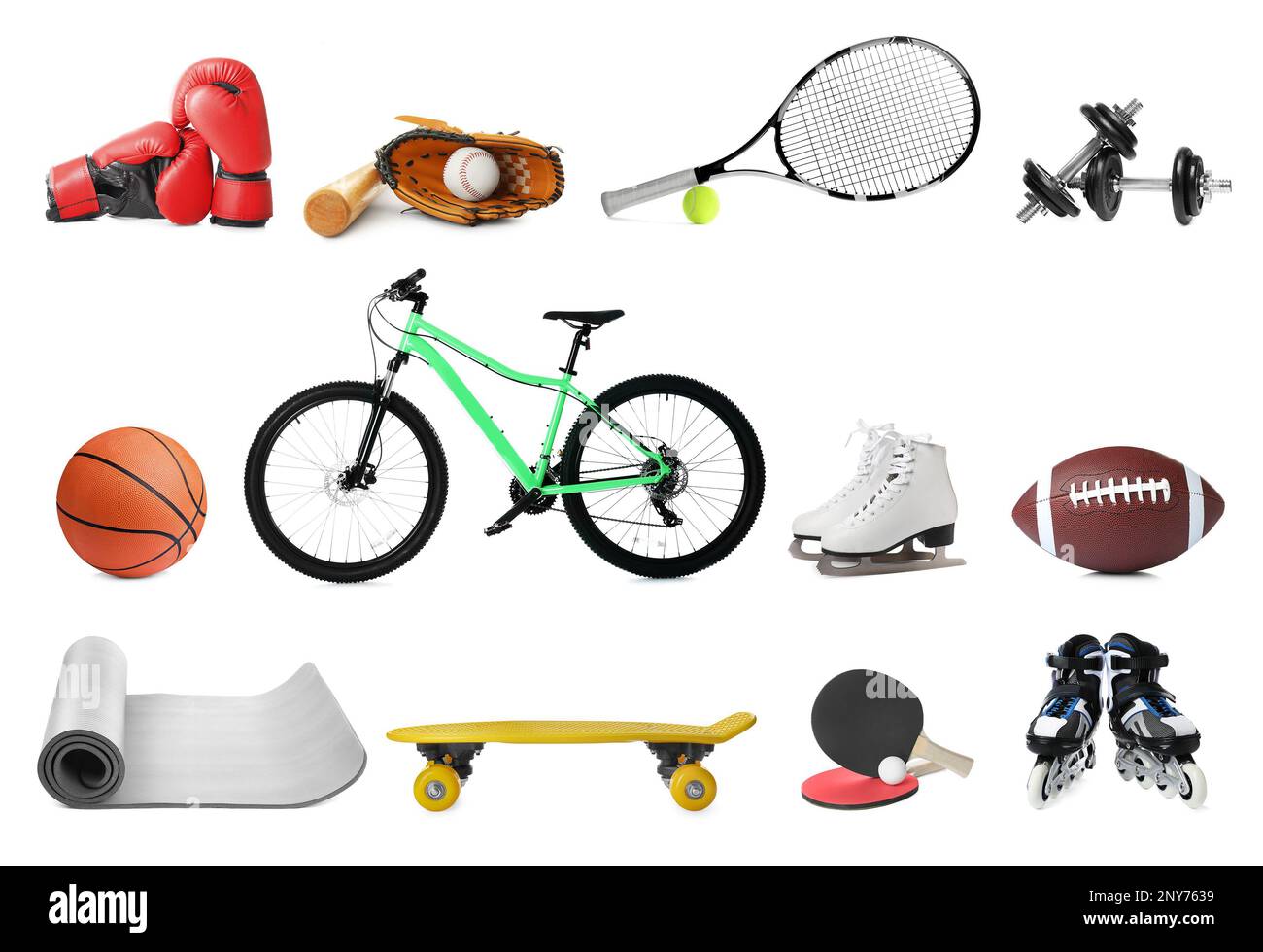 Set with different sports equipment on white background. Active ...