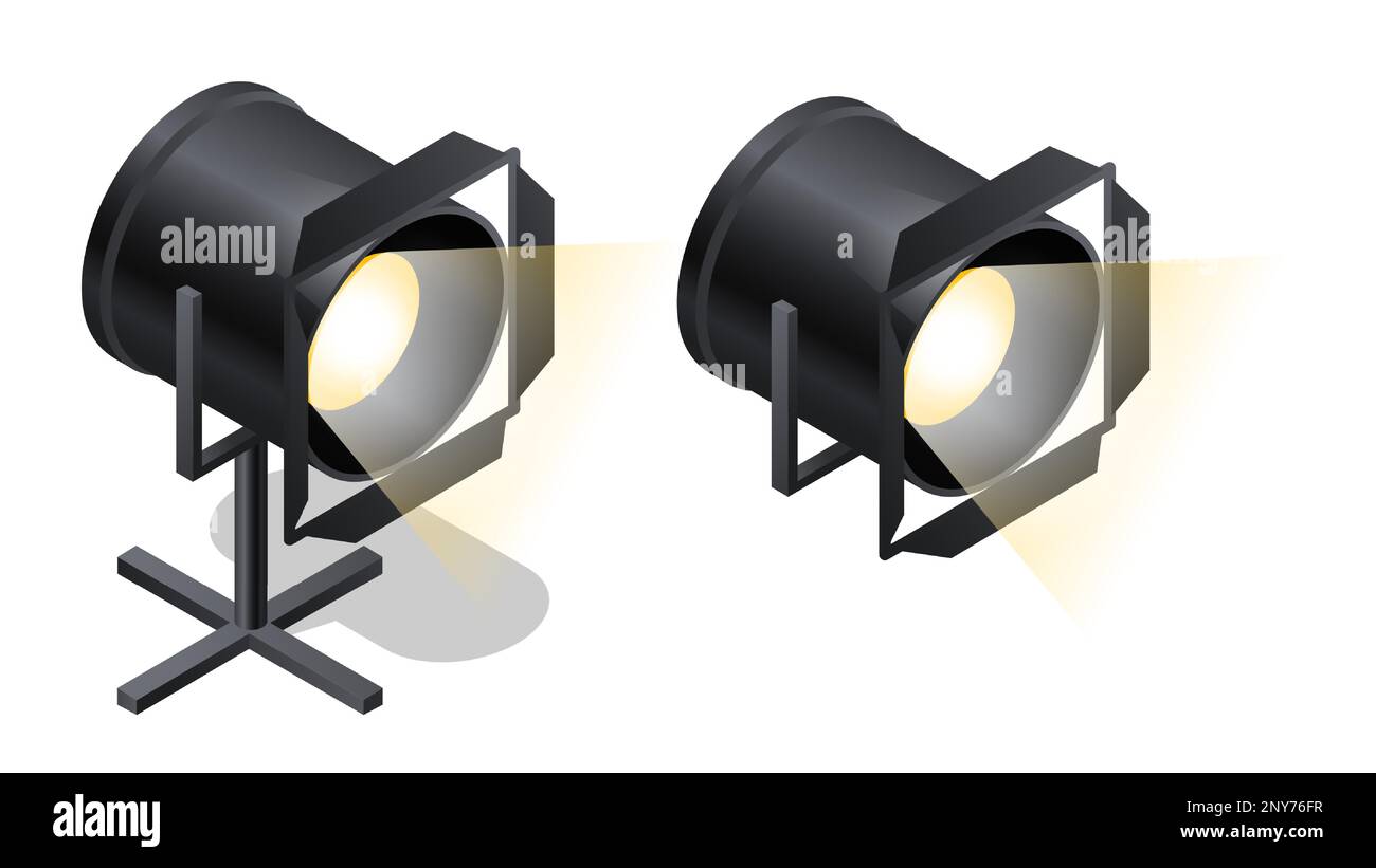 Stage spotlights isometric icons, cartoon vector illustration isolated ...