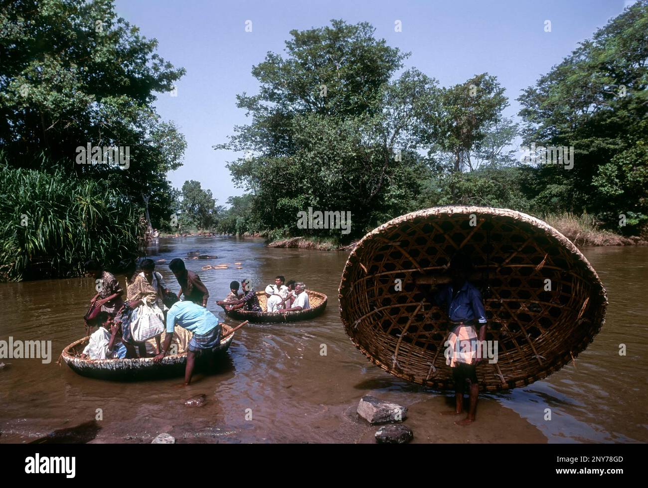 Tourists enjoying coracle ride in River Cauvery, Kaveri at Hogenakkal ...