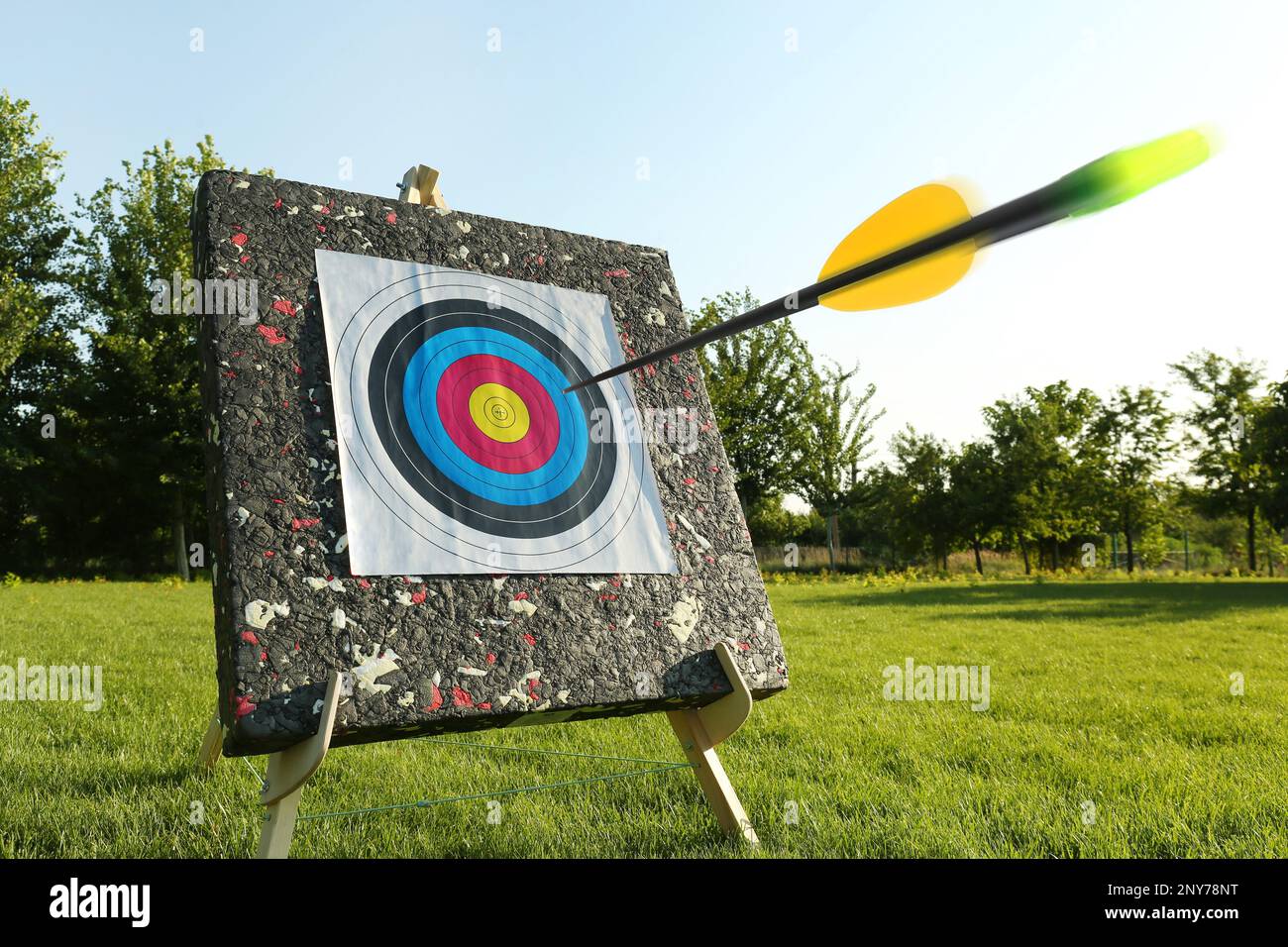 Plastic black arrow flying to archery target in park Stock Photo - Alamy