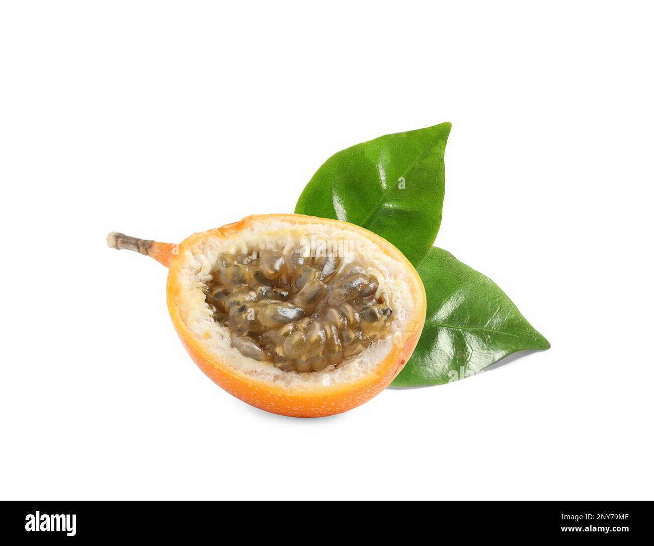Tasty ripe granadilla and green leaves on white background Stock Photo ...