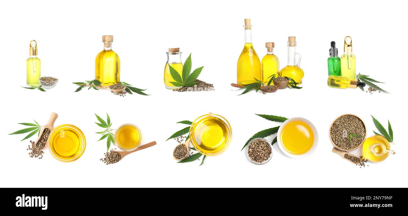 Set with hemp oil, seeds and leaves on white background. Banner design ...