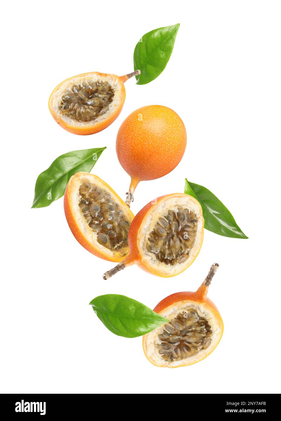 Delicious ripe granadillas falling on white background Stock Photo - Alamy