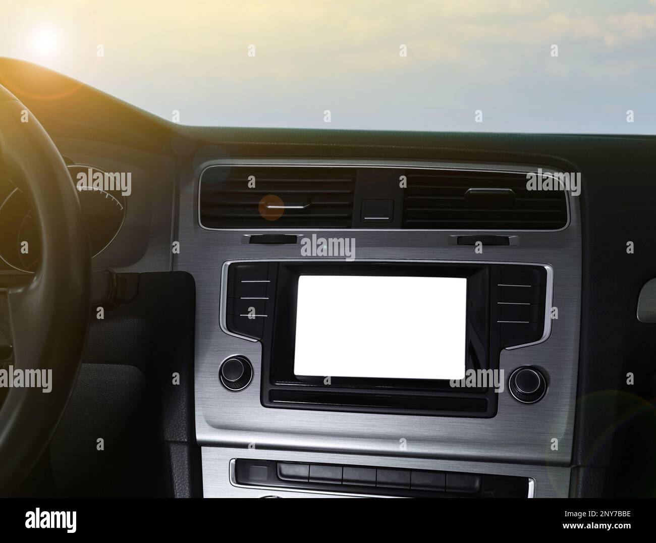 View of dashboard with navigation system in modern car Stock Photo - Alamy