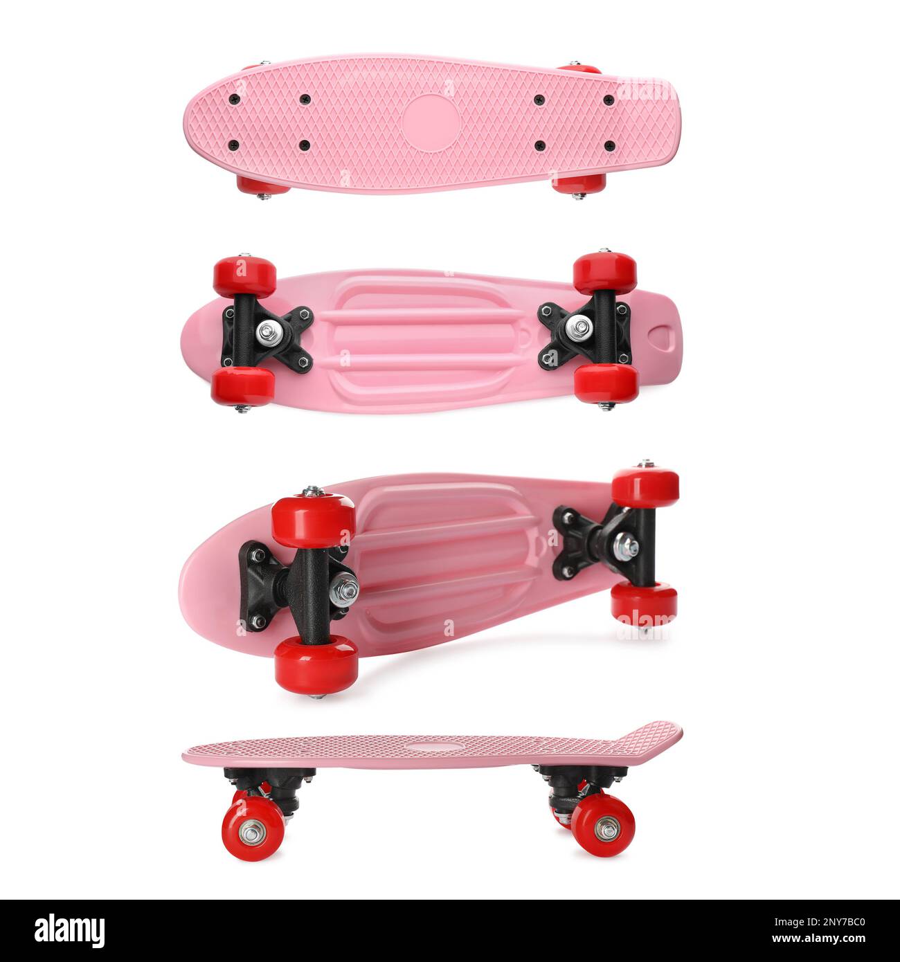Pink skateboards with red wheels on white background, collage. Sport ...