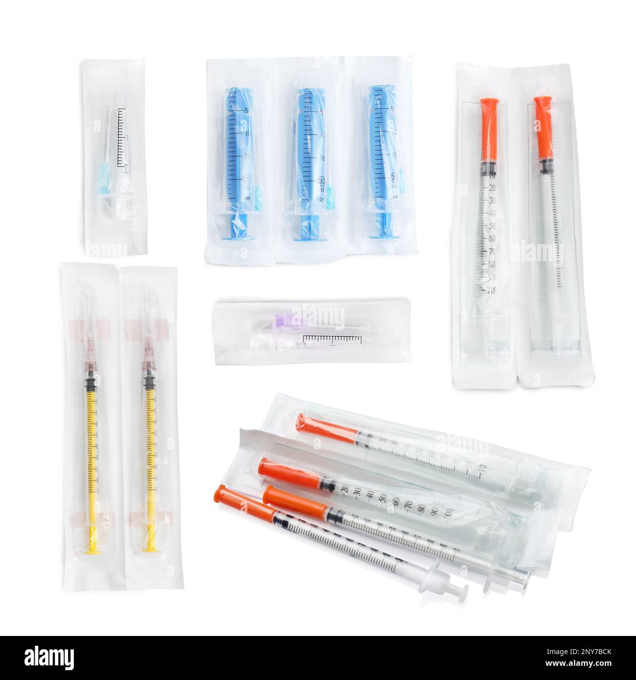 Packed disposable syringes with needles on white background, collage ...