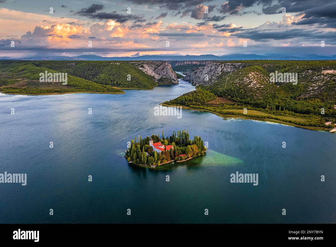 Visovac, Croatia - Aerial view of the beautiful Visovac Christian monastery island in Krka ...