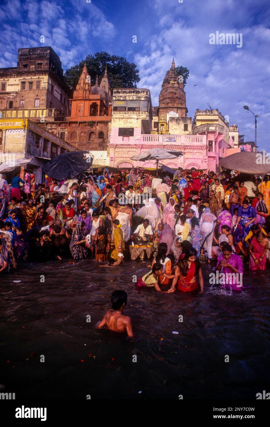 Hindu religious morning rituals in the Ganges Ganga River, Diwali ...