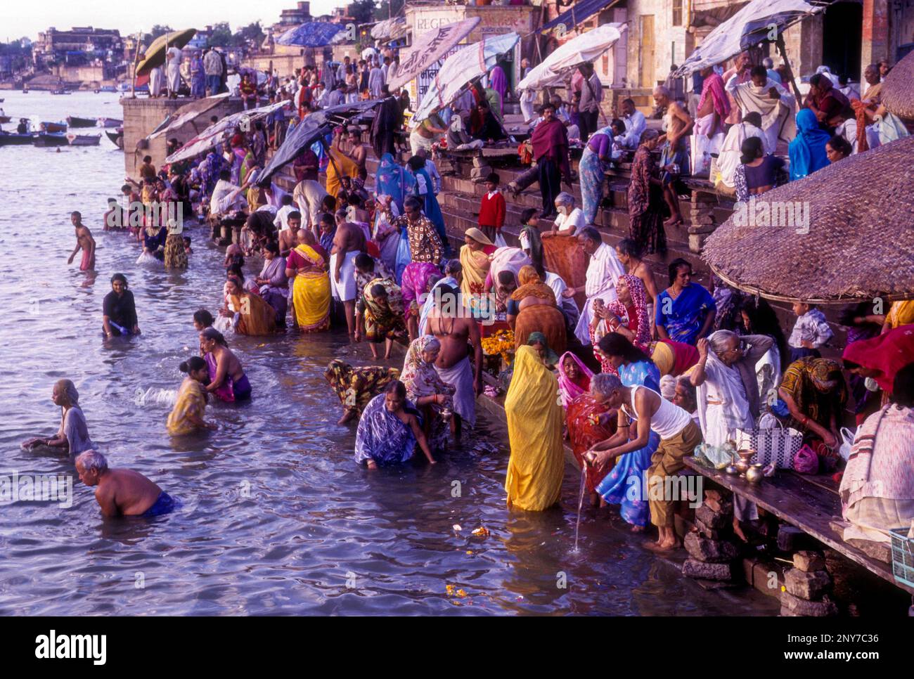 Hindu religious morning rituals in the Ganges Ganga River, Diwali ...