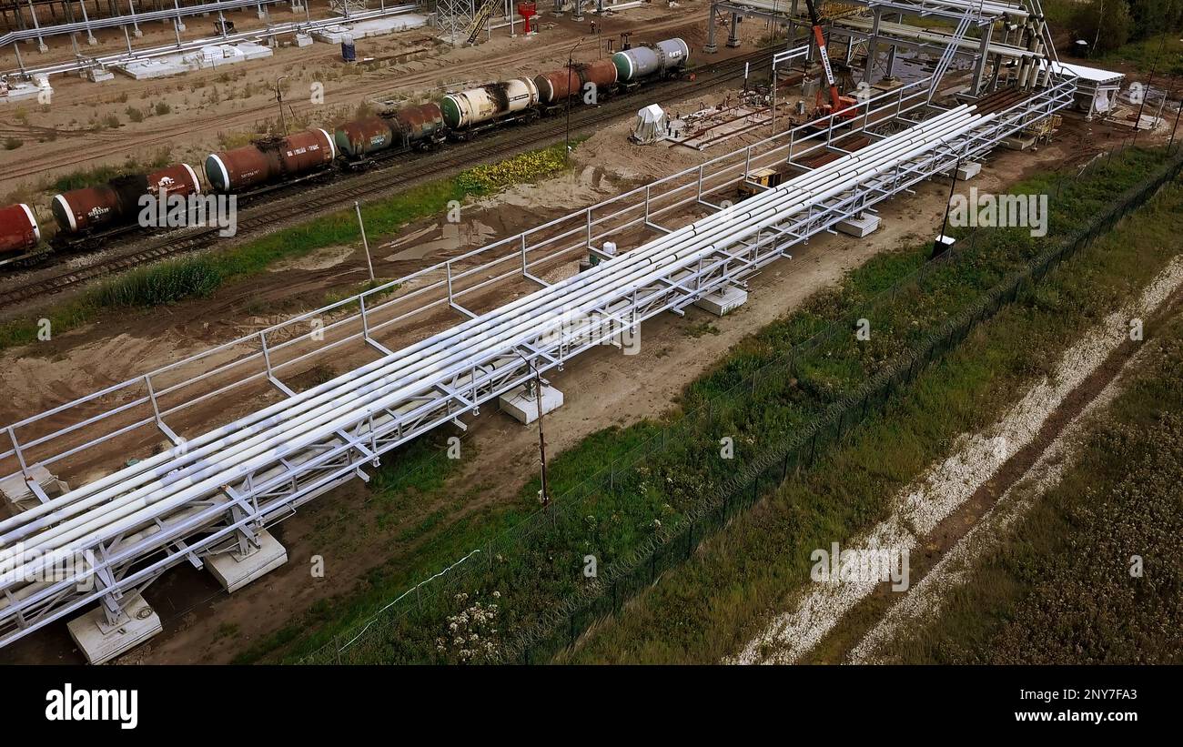 Aerial view of the railroad, Clip. Railway train of tanks, concept of ...