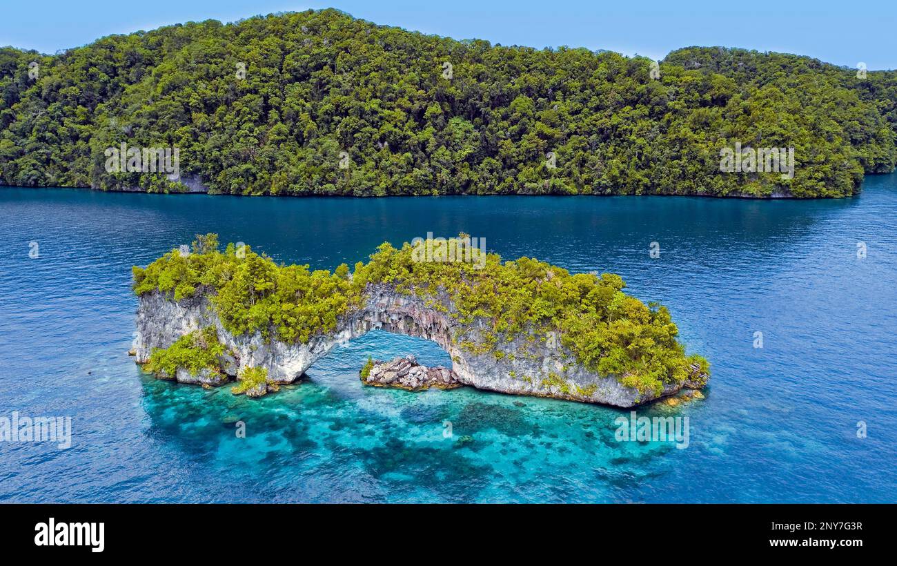 Rock arch, Palau lagoon, drone photo, Micronesia, Australia Stock Photo ...