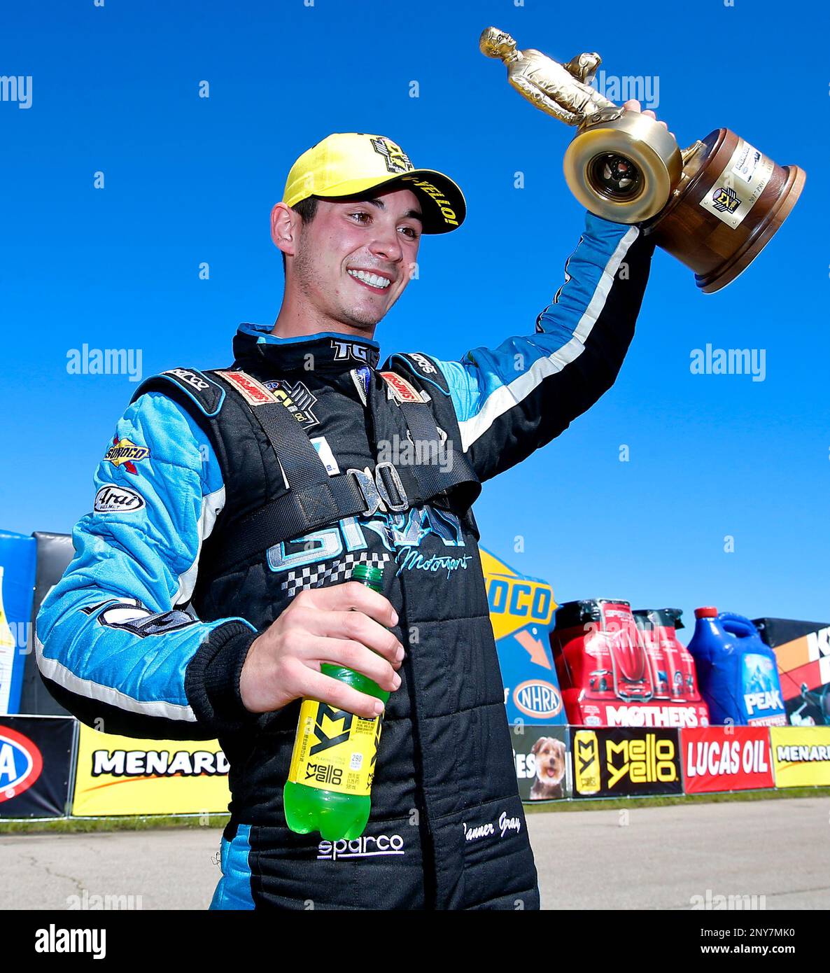 In this Sunday, May 21, 2017 photo, pro stock driver Tanner Gray lifts ...