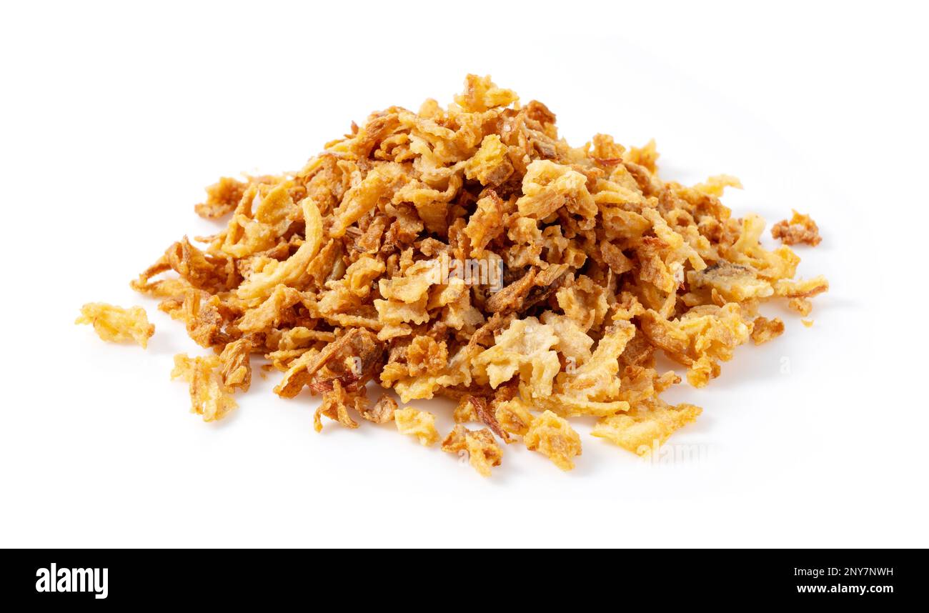 Fried onions on white background. Crispy fried onions Stock Photo - Alamy