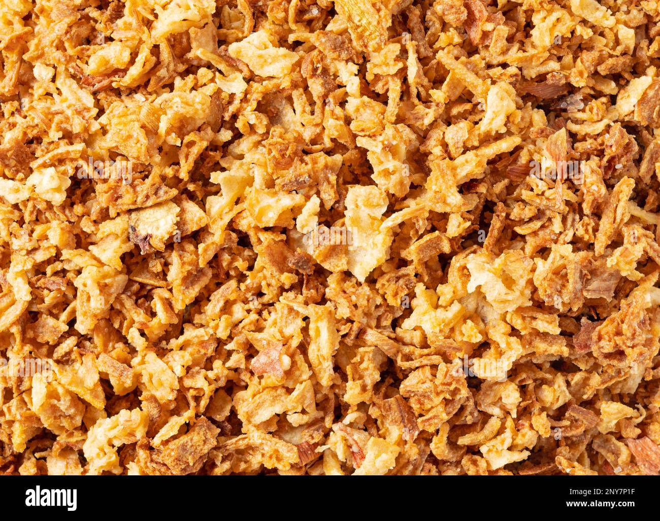 Fried onions spread across the screen. Crispy fried onions. View from ...