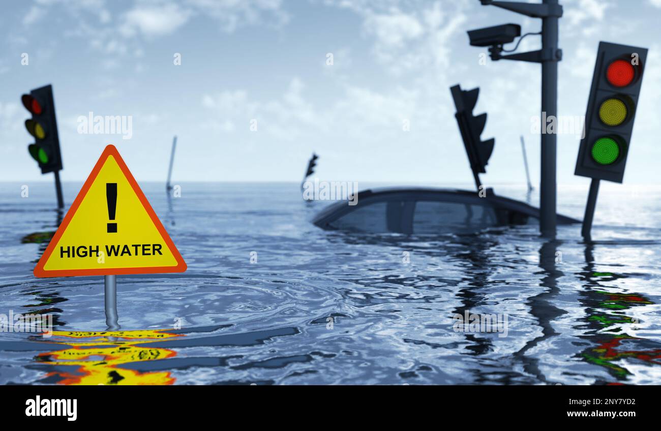Flood and Road - 3D Rendering Stock Photo - Alamy