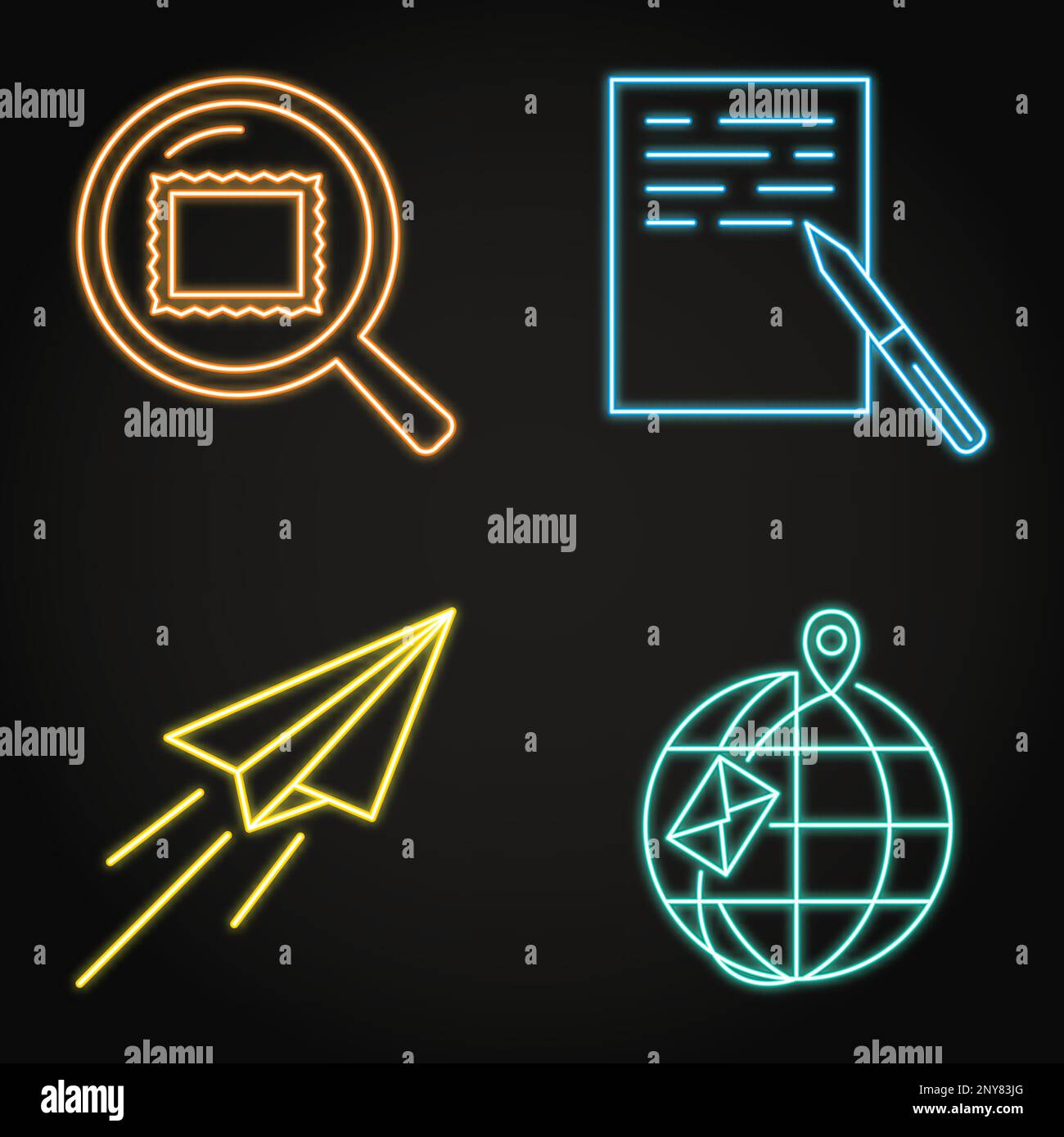 Sending letter neon icon set. Mail correspondence around the world ...